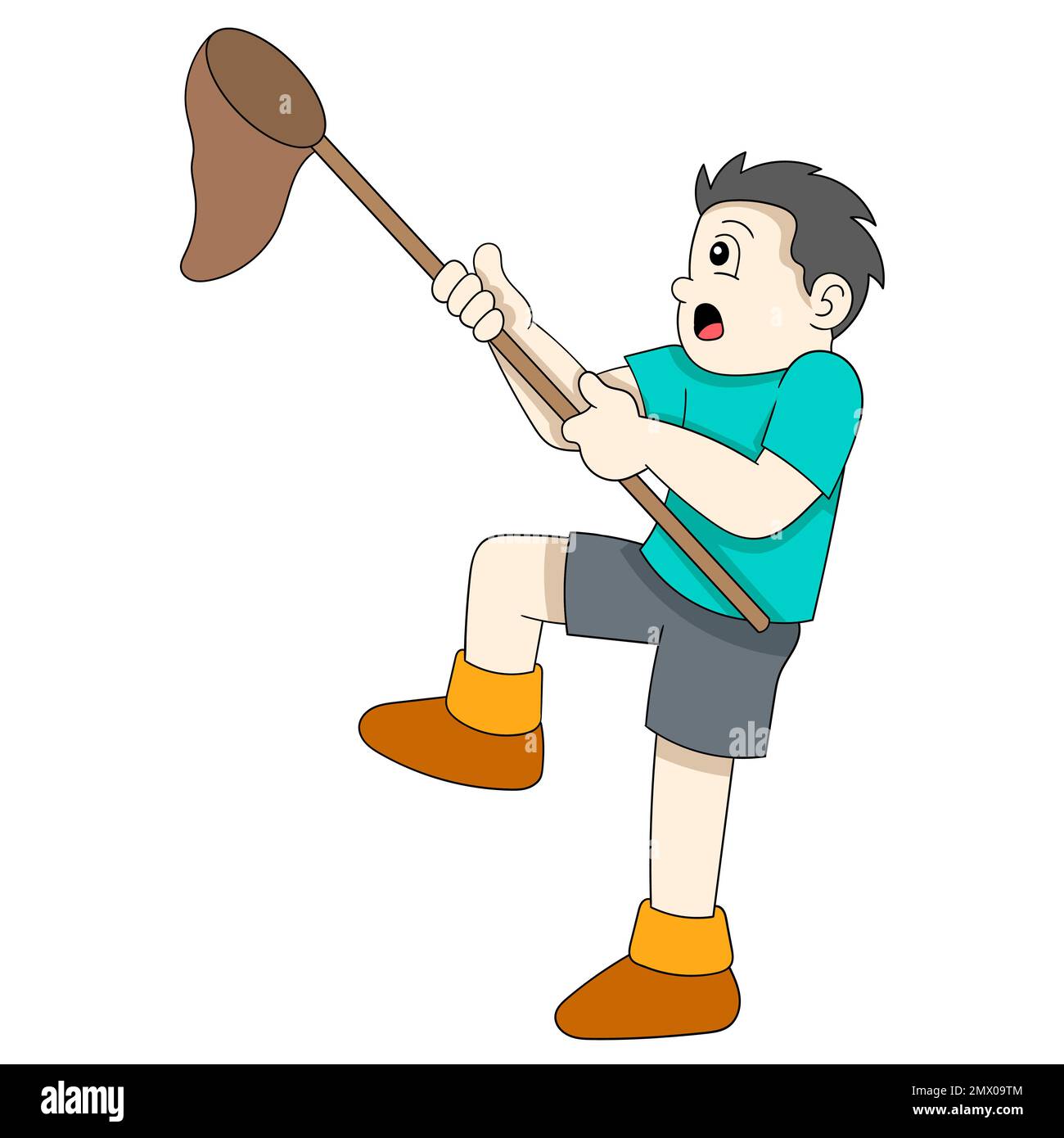 boy is doing the activity of catching insects using a net. vector ...