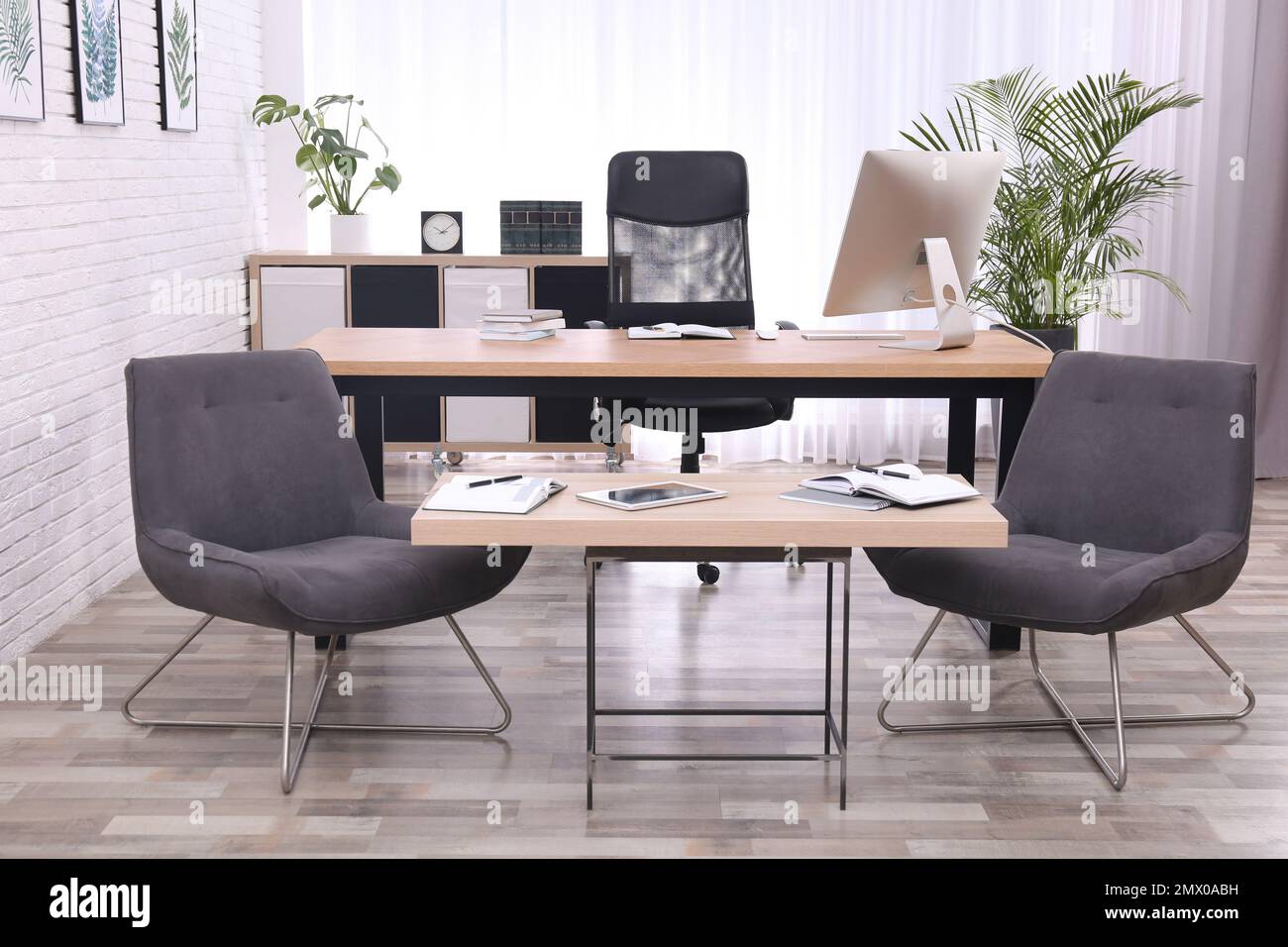 Director's office with large wooden table. Interior design Stock Photo ...