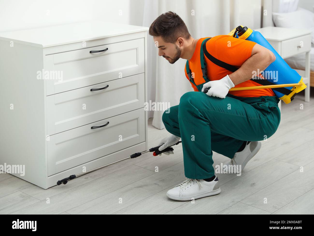 Pest control worker spraying insecticide near chest of drawers indoors ...