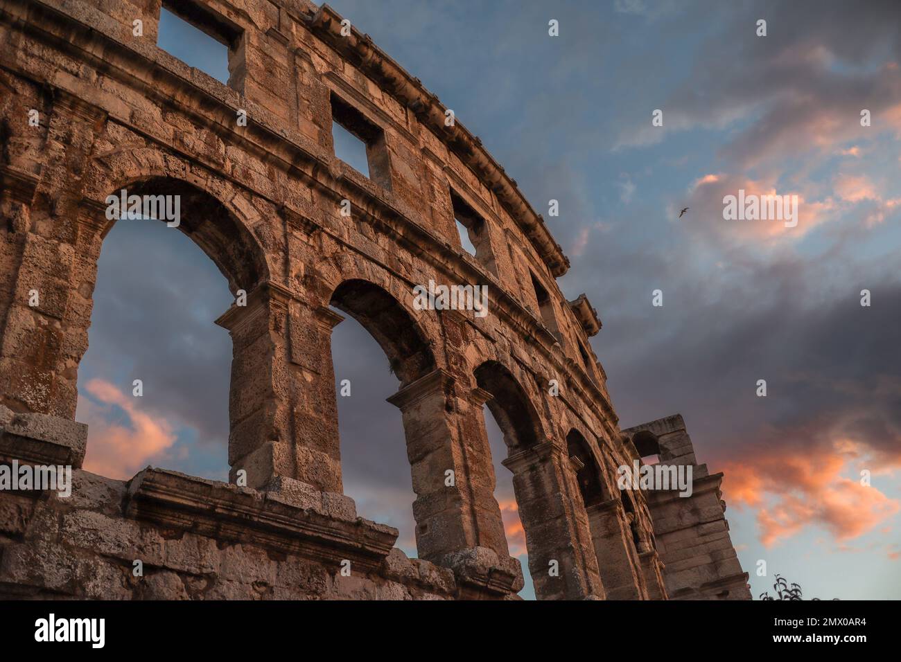 Pula Arena with Sunset Sky. Beautiful Roman Amphitheatre in Croatia ...