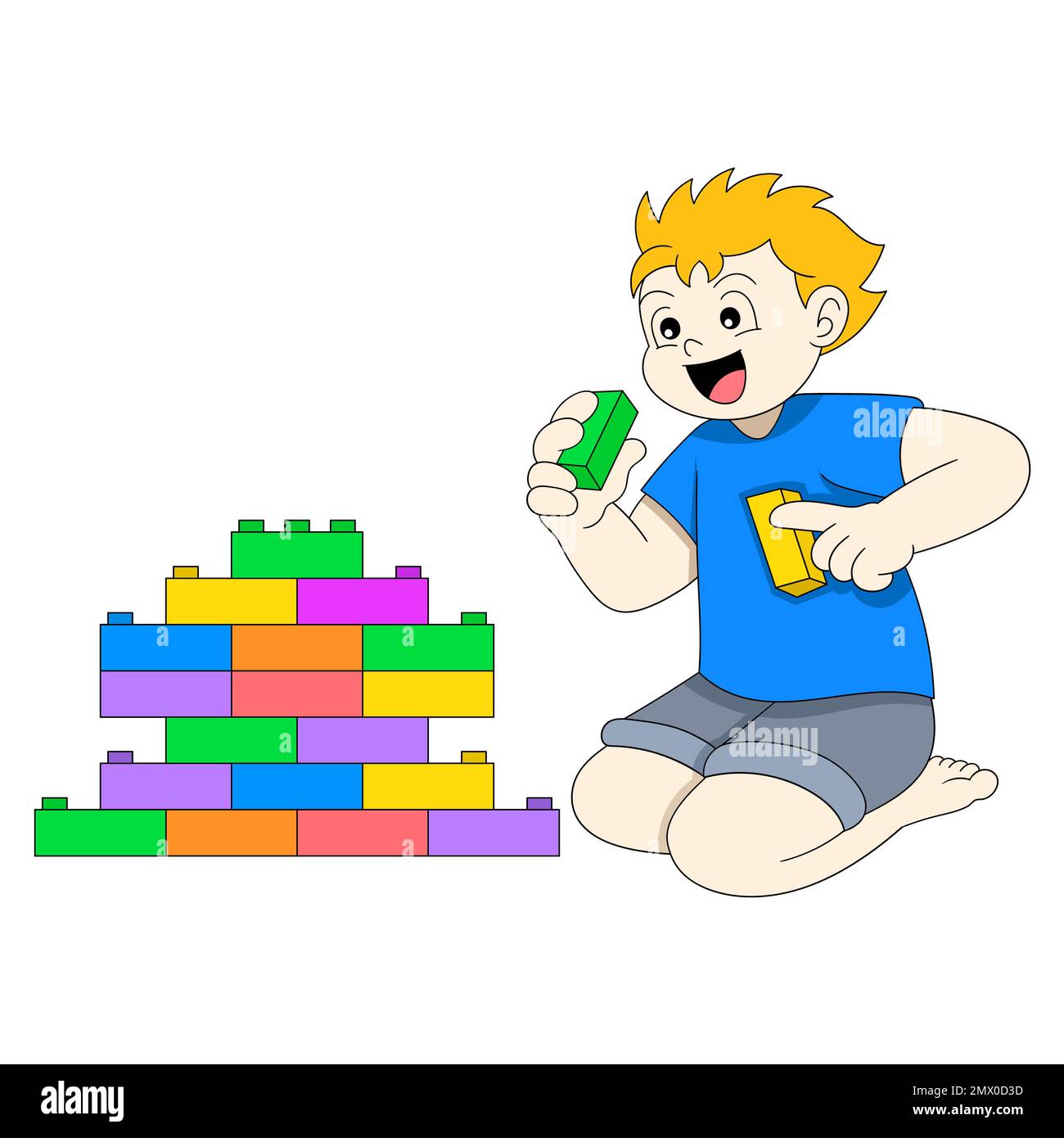 boy is playing and learning to arrange buildings. vector design ...