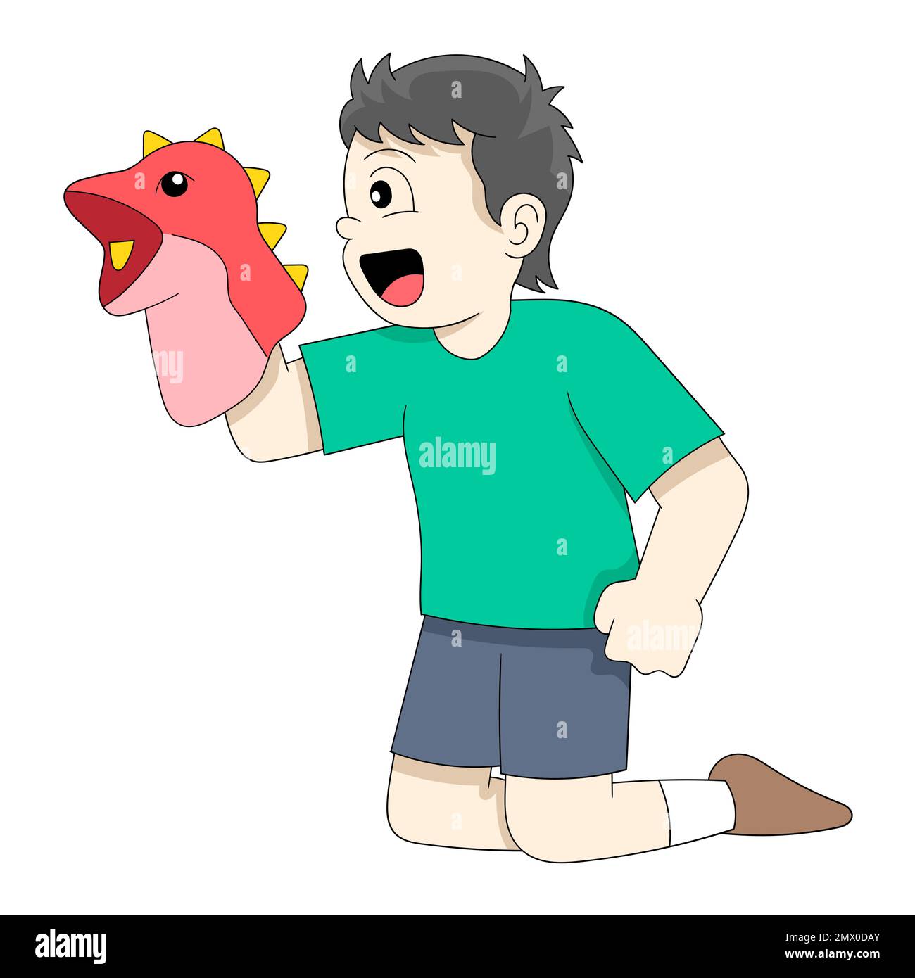 boy is telling a funny story using a hand puppet. vector design ...