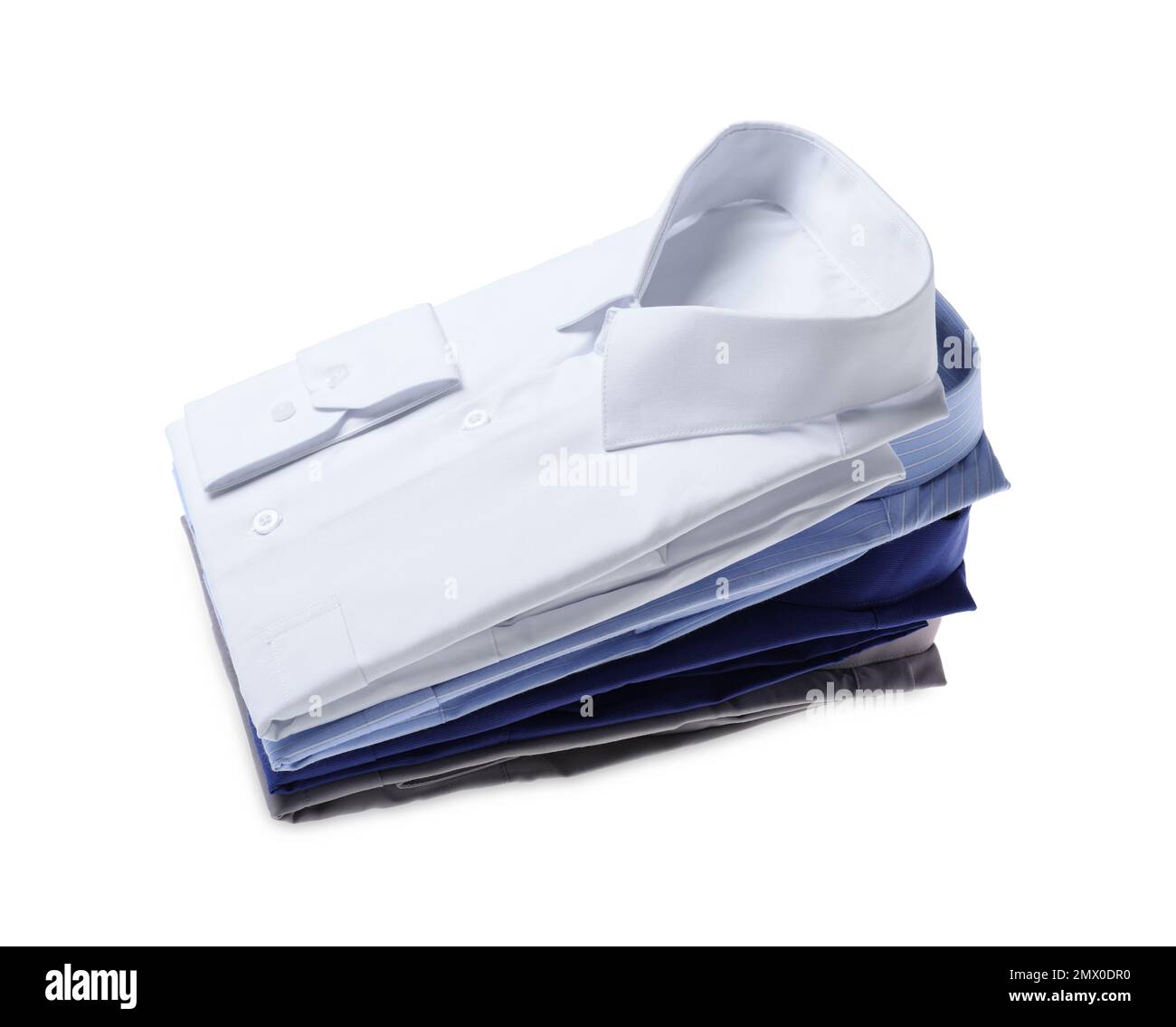 Stack of stylish shirts isolated on white. Dry-cleaning service Stock ...