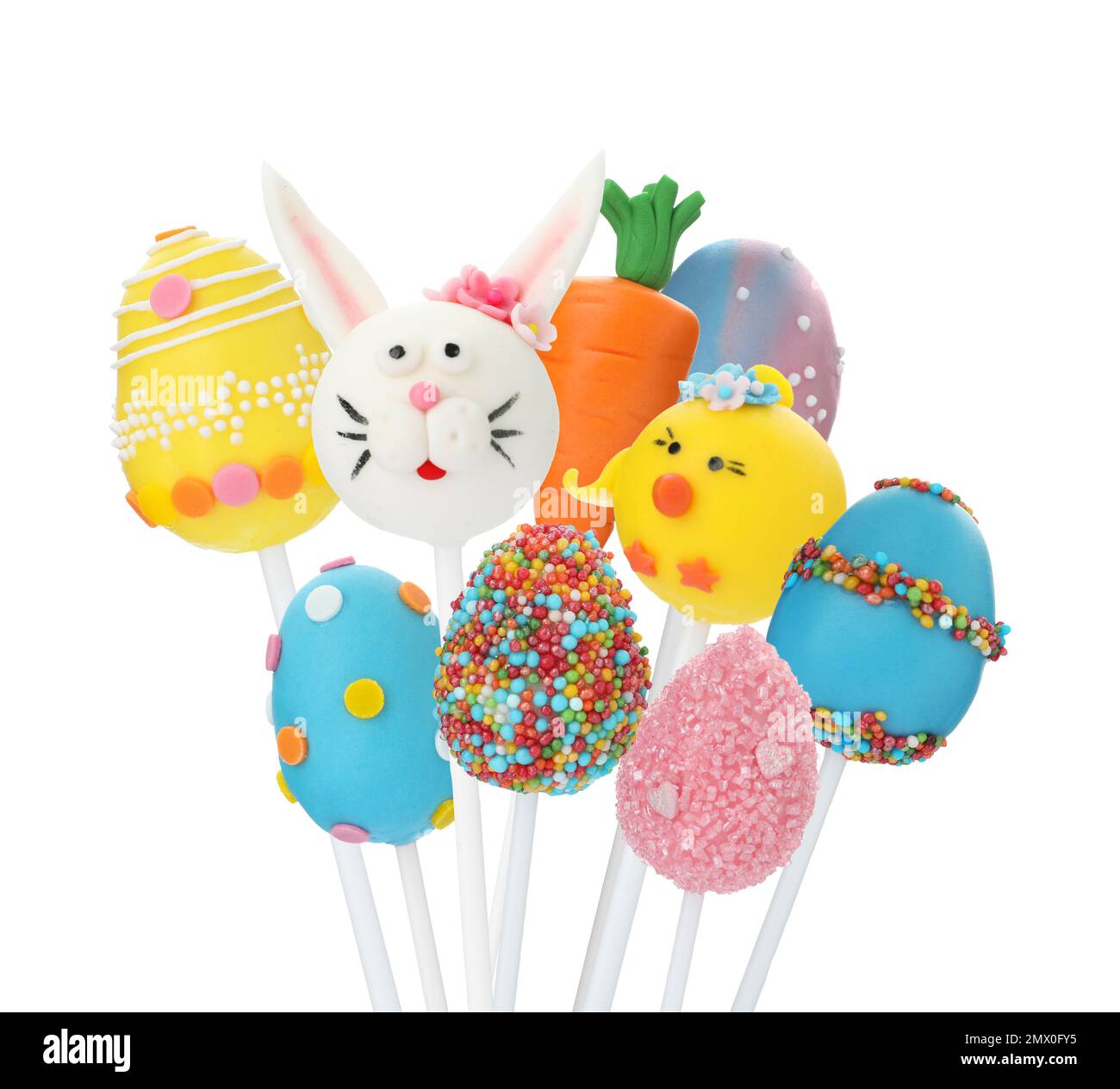 Different delicious cake pops on white background Stock Photo - Alamy