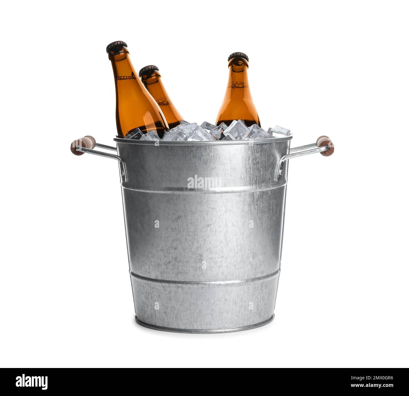 Metal bucket with bottles of beer and ice cubes isolated on white Stock ...