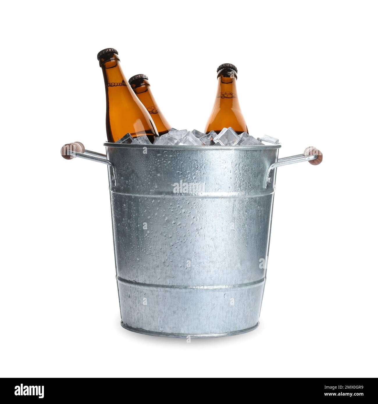 Metal bucket with bottles of beer and ice cubes isolated on white Stock ...