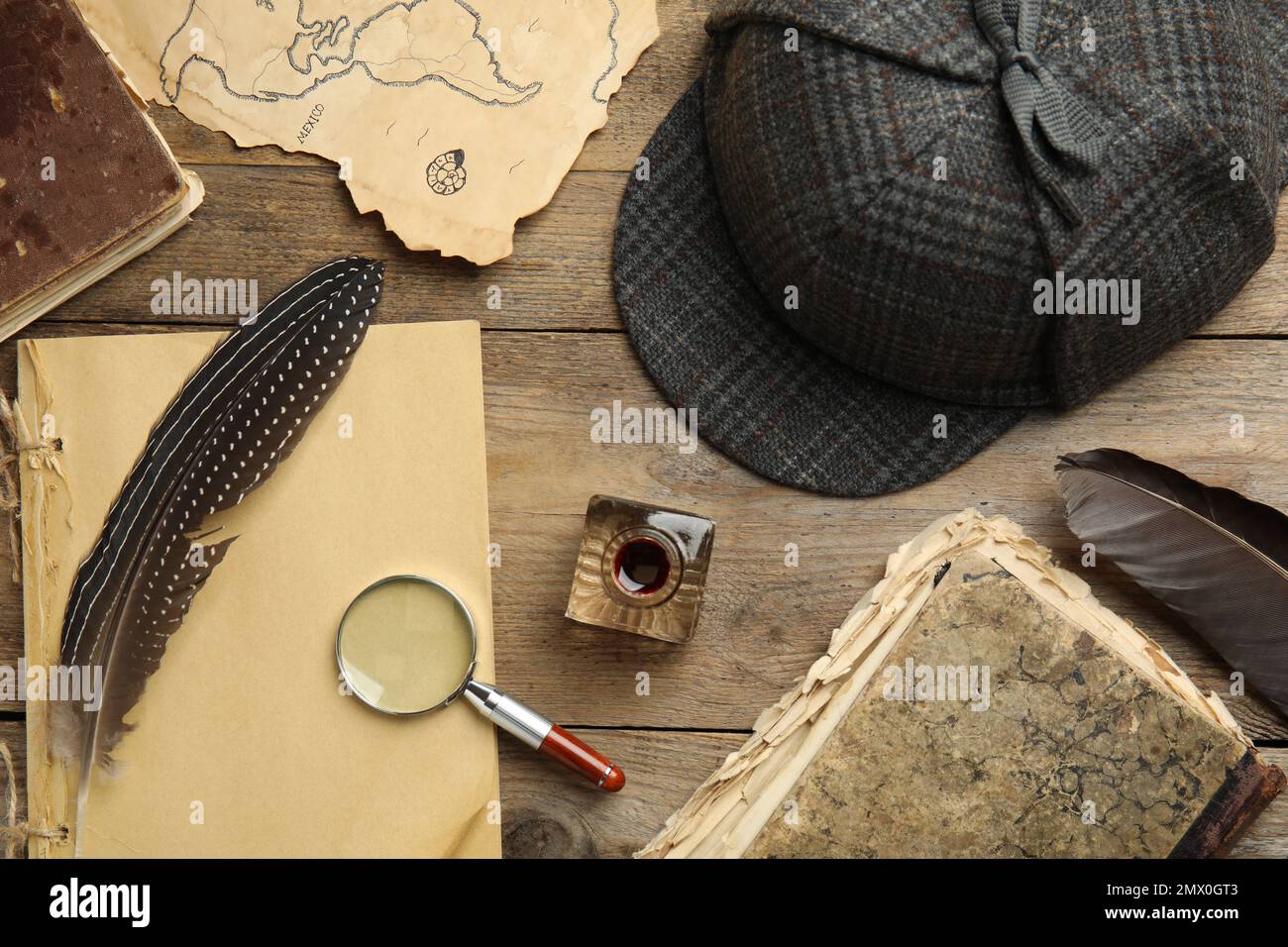 Composition with different vintage items on wooden background ...