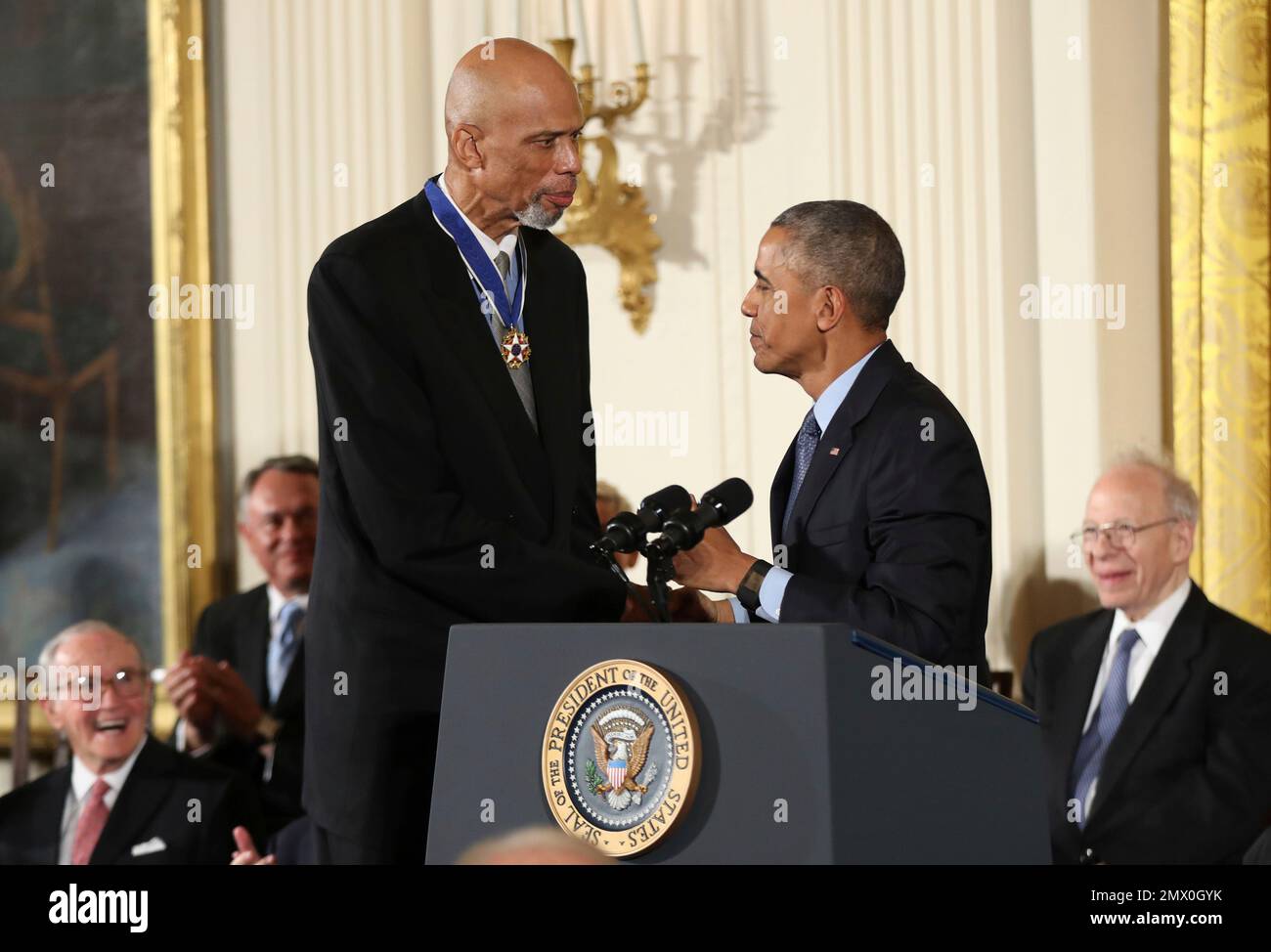 President Barack Obama presents the Presidential Medal of Freedom to former NBA basketball ...