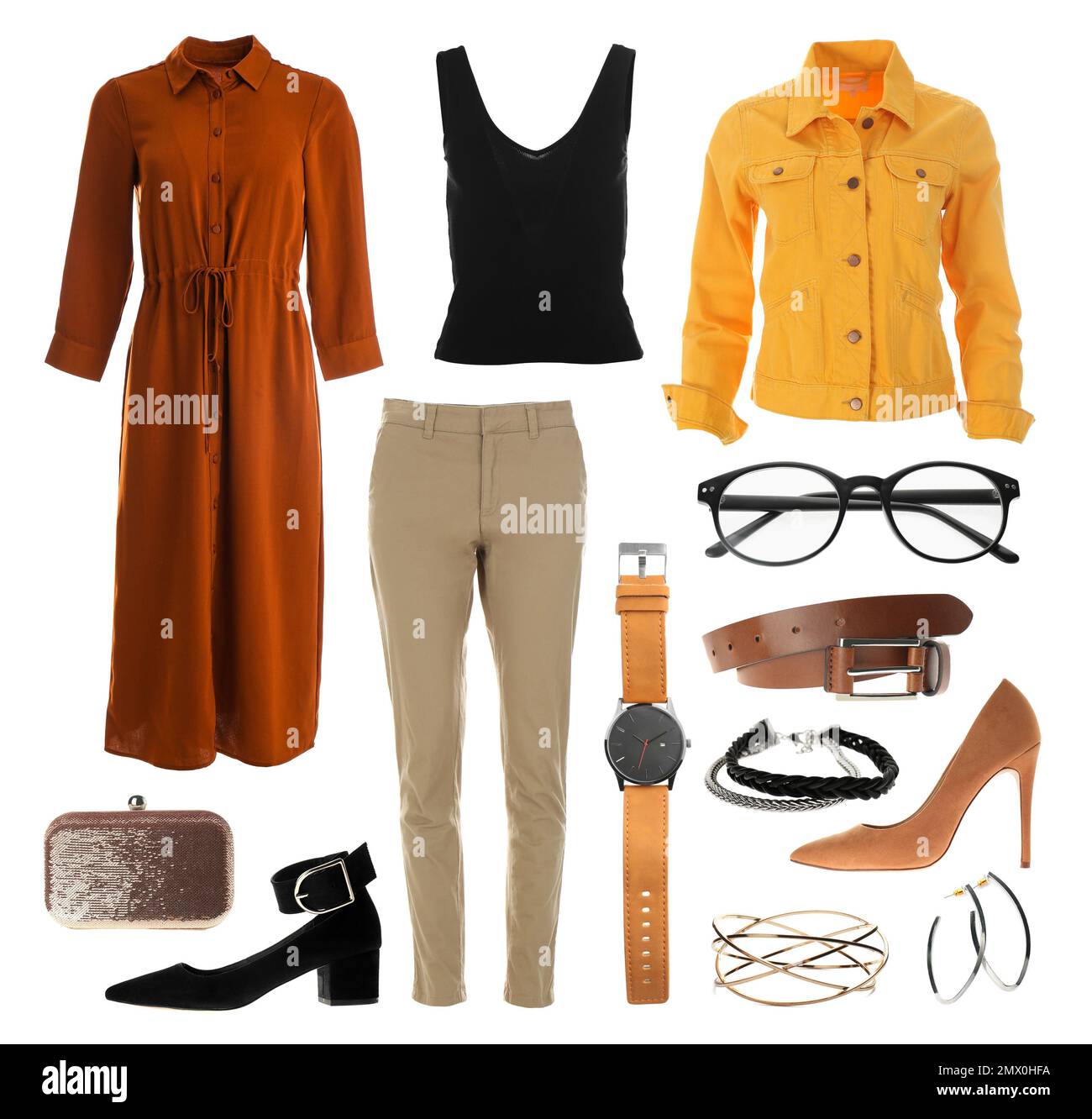 Collection of stylish outfit on white background Stock Photo - Alamy