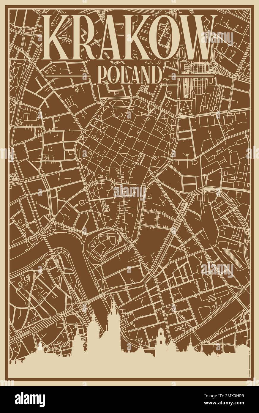 Road network poster of the downtown KRAKOW, POLAND Stock Vector Image ...