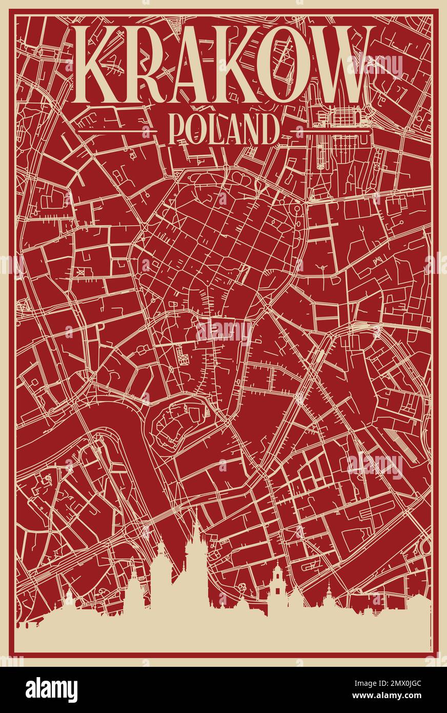 Road network poster of the downtown KRAKOW, POLAND Stock Vector Image ...