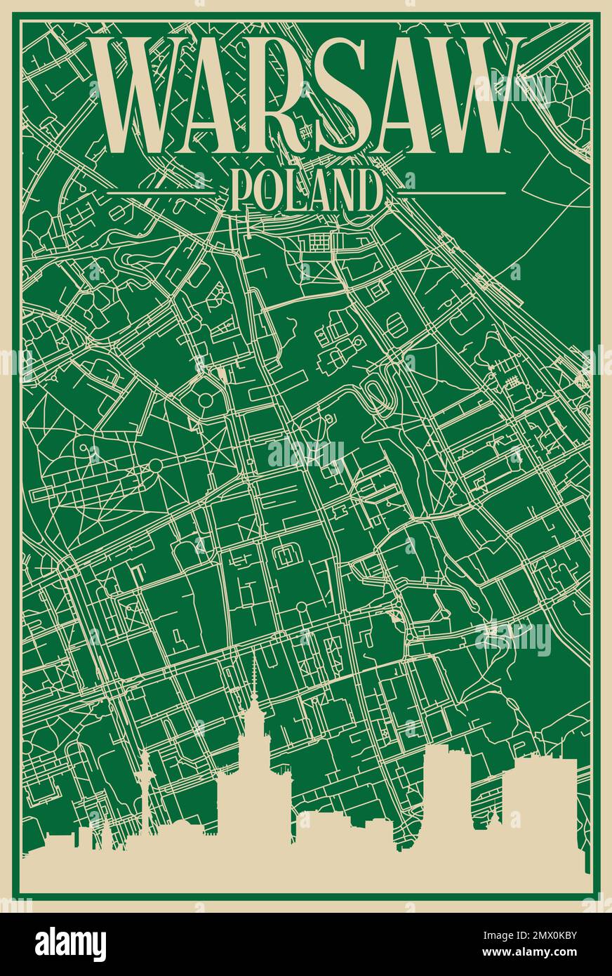 Road network poster of the downtown WARSAW, POLAND Stock Vector Image ...