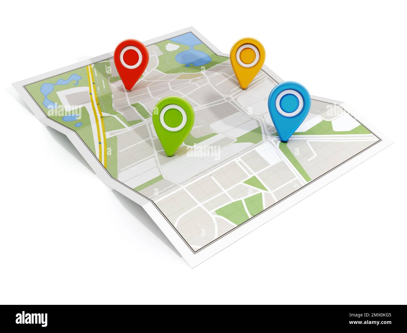 Multi-colored markers on navigation map. 3D illustration Stock Photo ...