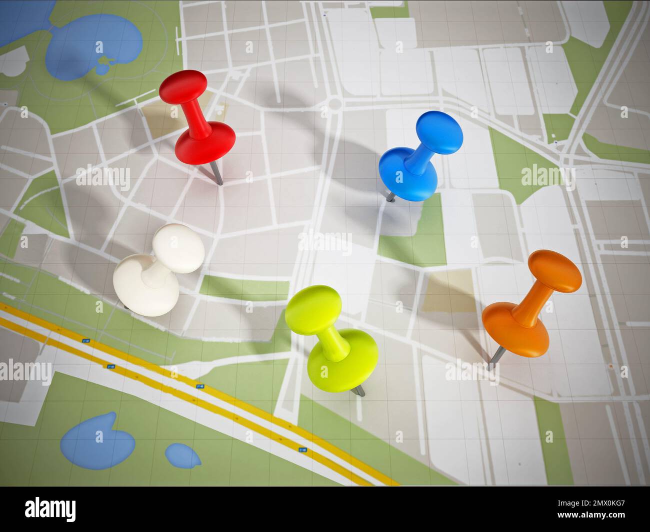 Multi-colored pins on navigation map Stock Photo - Alamy