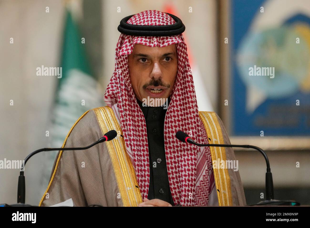 Saudi Foreign Minister Prince Faisal Bin Farhan Al Saud speaks during a ...