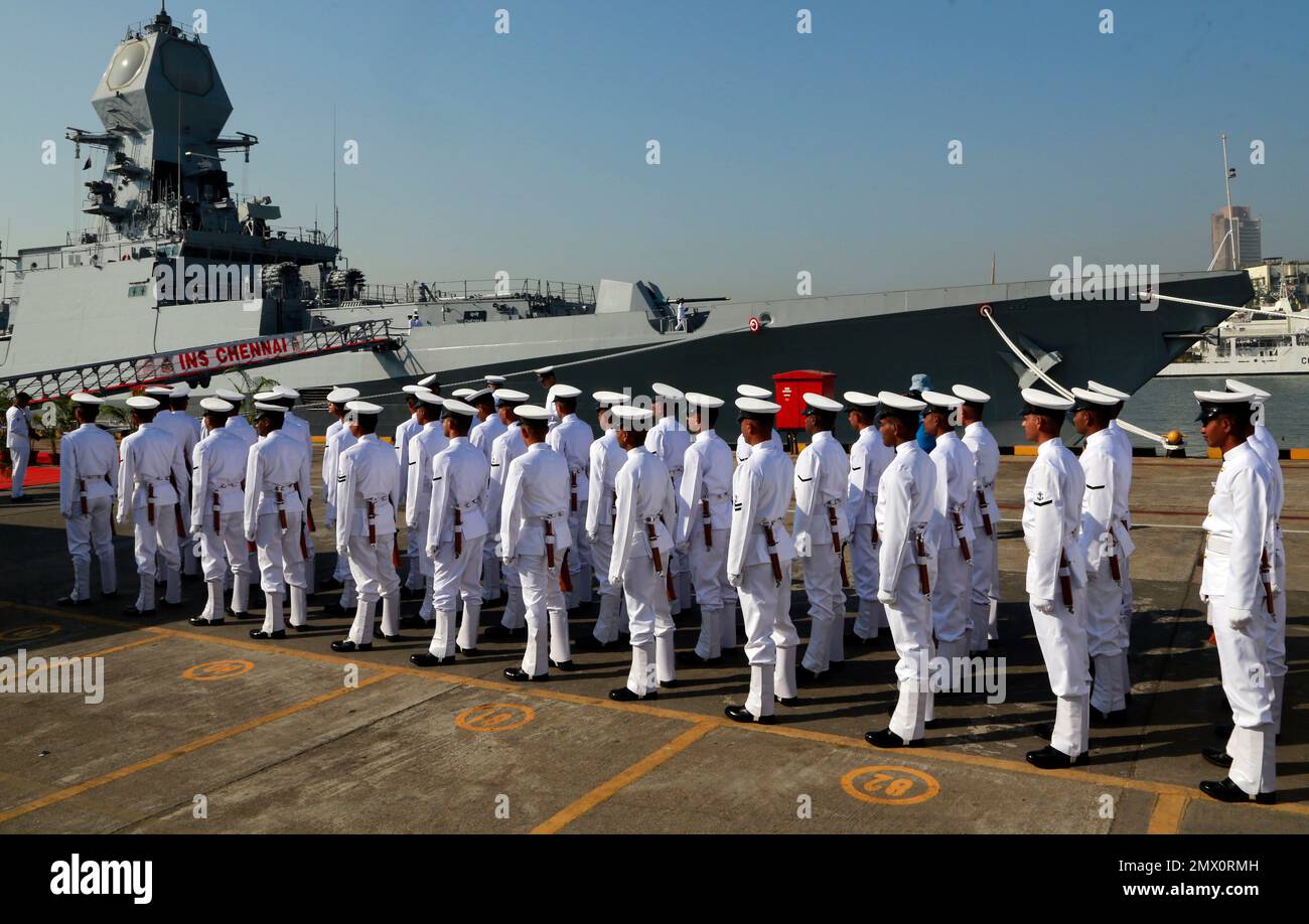 Indian naval sailors march during the commissioning ceremony of INS ...