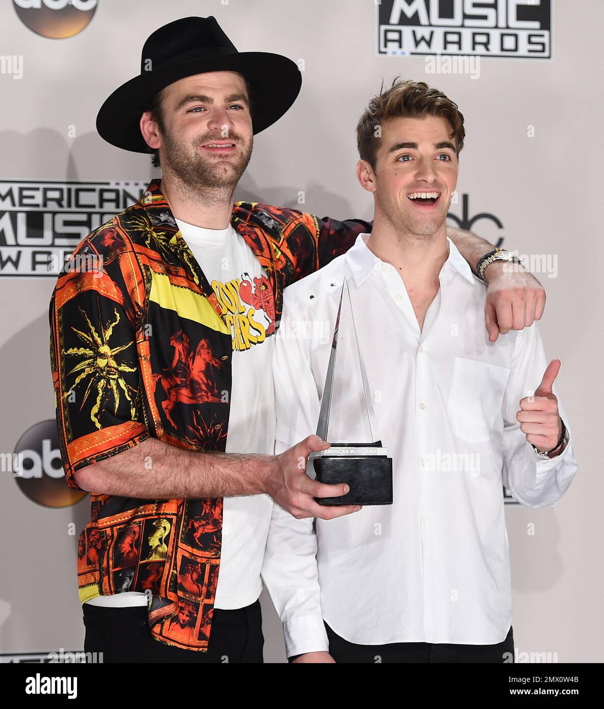 Alex Pall, left, and Andrew Taggart, of The Chainsmokers, pose in the ...