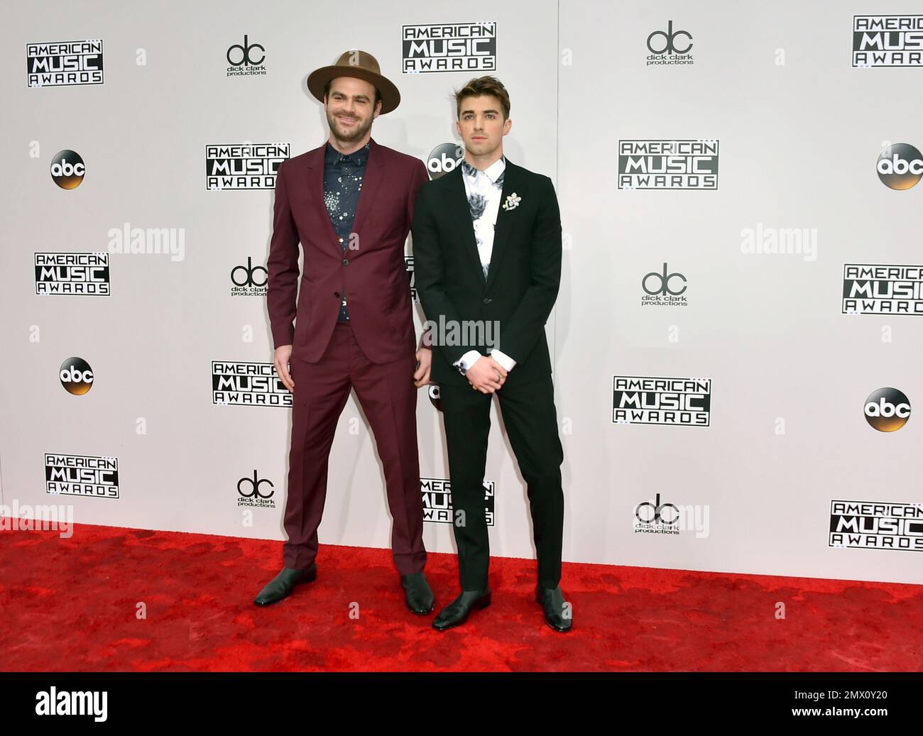 Alex Pall, left, and Andrew Taggart, of The Chainsmokers, arrive at the ...