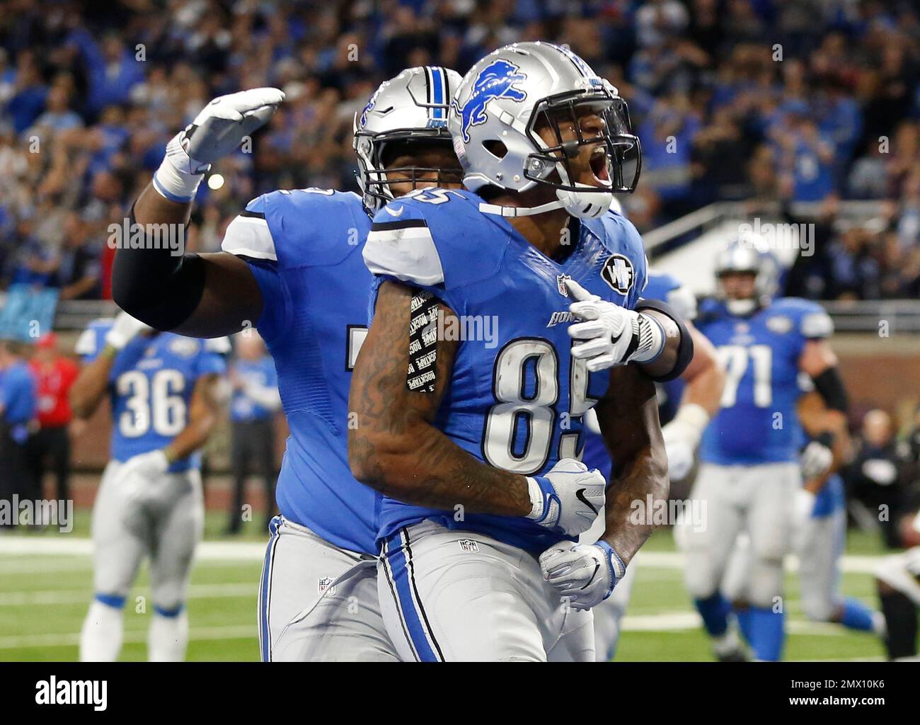 Detroit Lions tight end Eric Ebron reacts after rushing for a touchdown ...