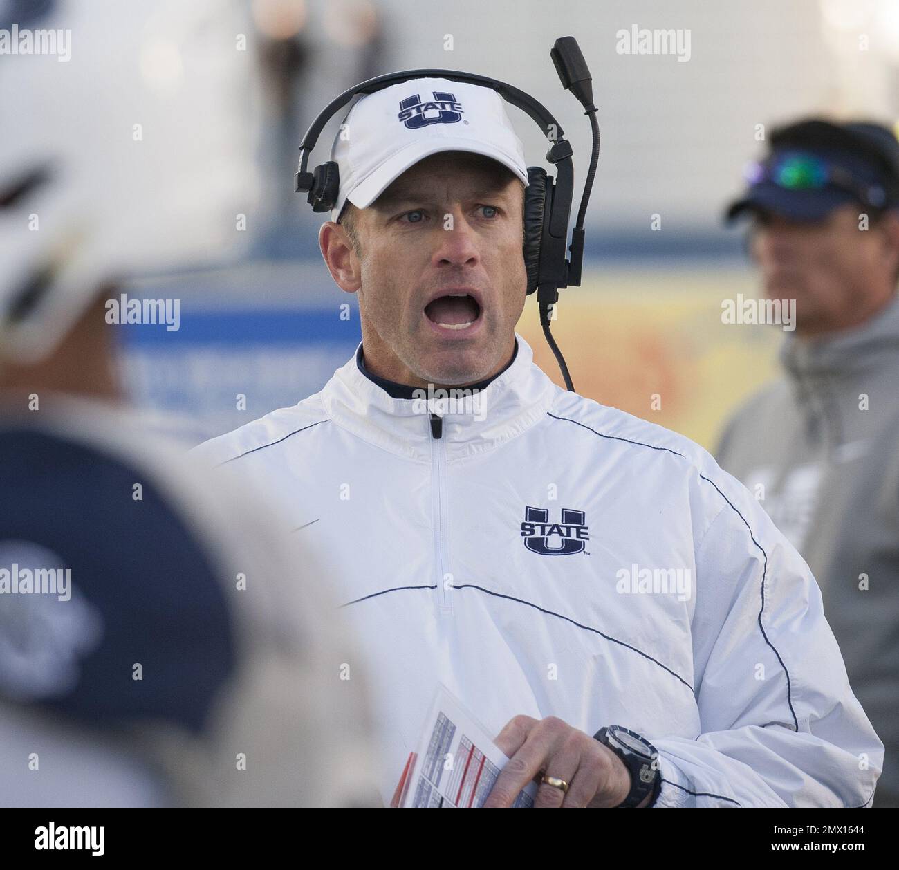 Utah State head coach Matt Wells on the sidelines in the second half of ...