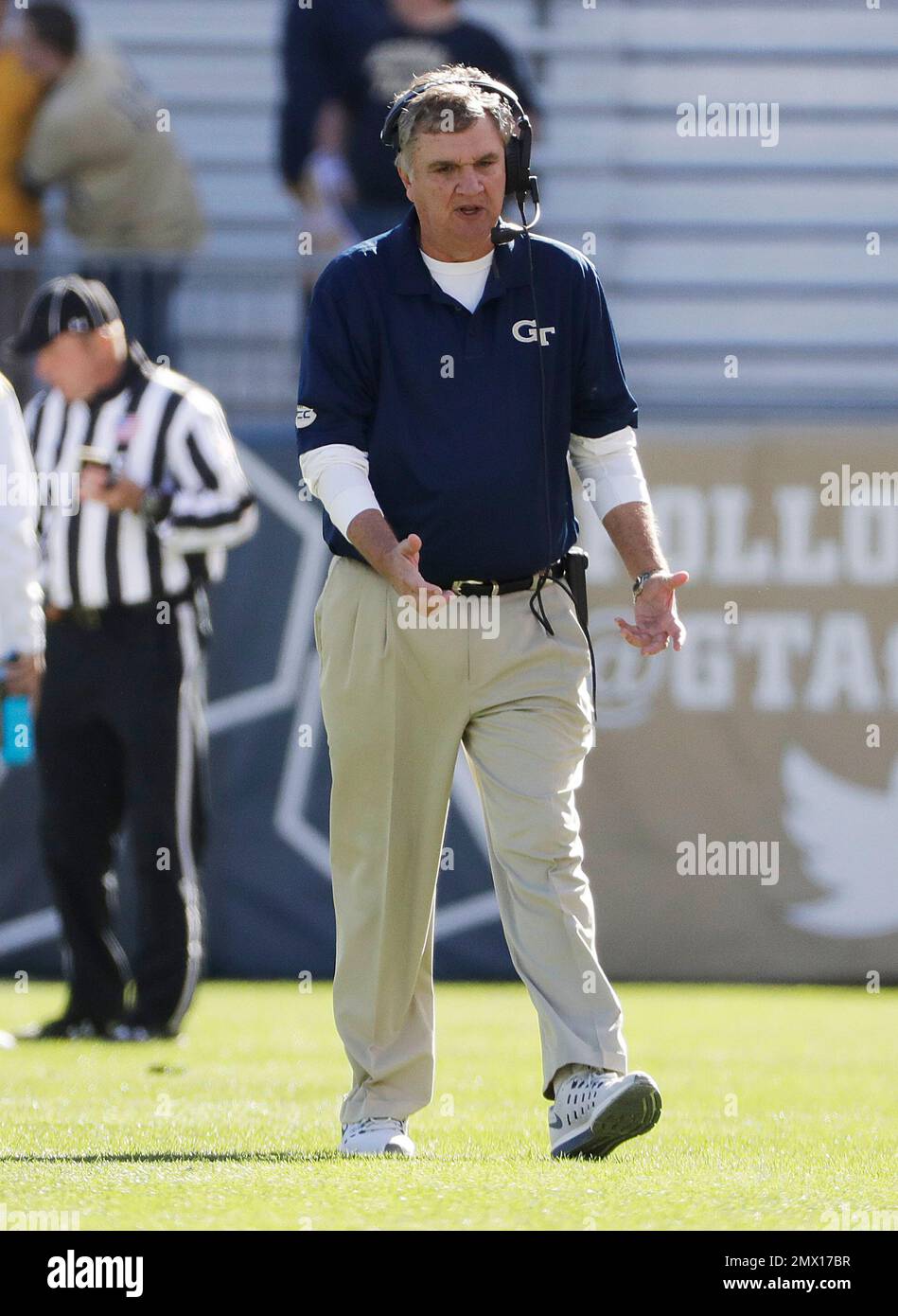 Georgia Tech head coach Paul Johnson walks on the sideline during an ...