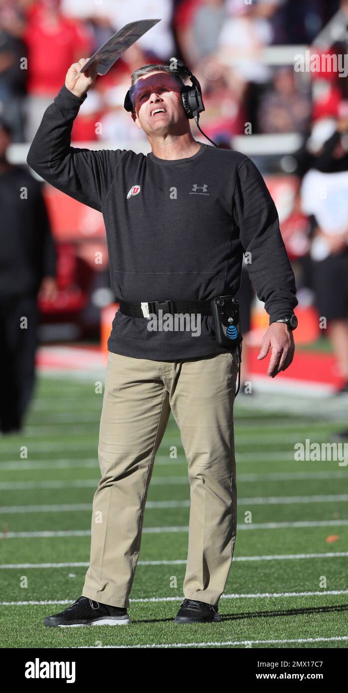 Utah head coach Kyle Whittingham, looks at an instant replay on the ...