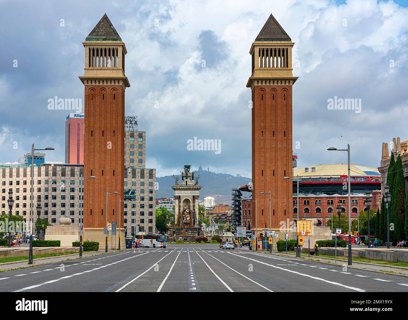 Historical Towers At Placa D'Espanya, Barcelona, Catalonia, Spain Stock ...