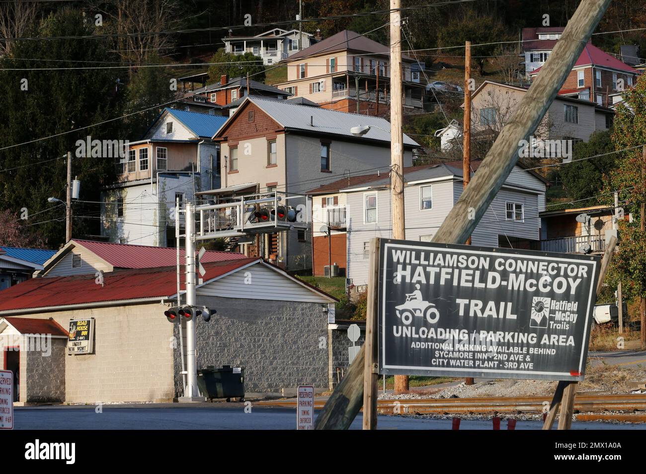 A Hatfield-McCoy Trail sign along a railroad track in Williamson, W.Va ...