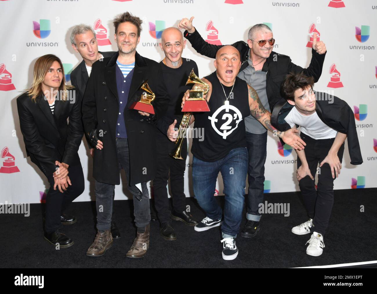 Los Fabulosos Cadillacs poses in the press room with the awards for ...