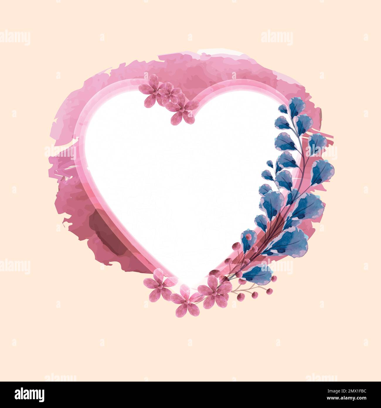Elegant pink heart-shaped frame decorated with watercolor flowers to ...