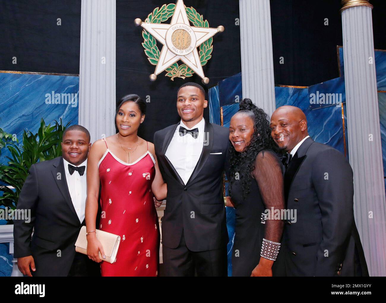 Oklahoma City Thunder guard Russell Westbrook, center, poses for a ...