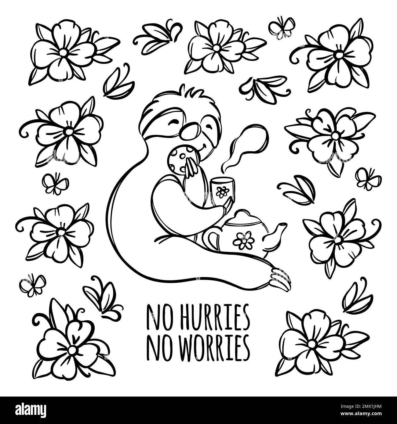 SLOTH TEA MONOCHROME Cute Animal Drinking Tea With Cookies On Flower ...