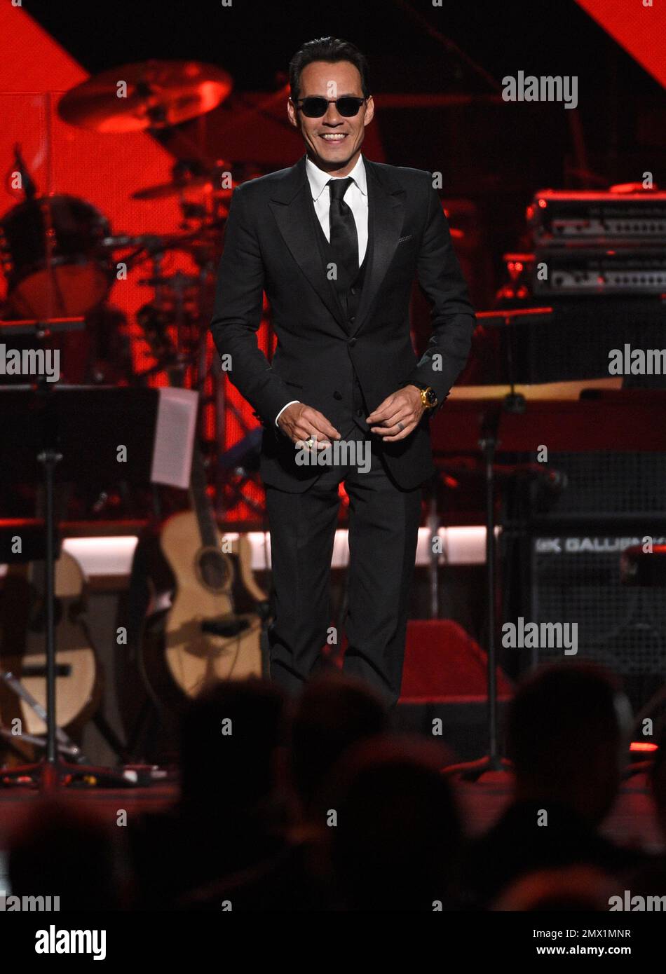 Honoree Marc Anthony greets the audience at the Latin Recording Academy ...