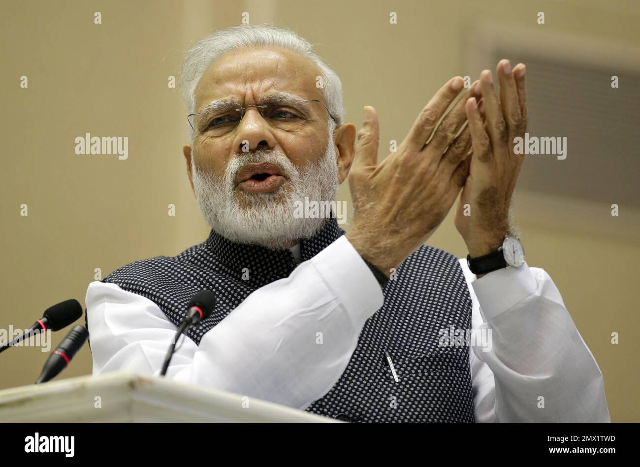 Indian Prime Minister, Narendra Modi, delivers a speech after the ...