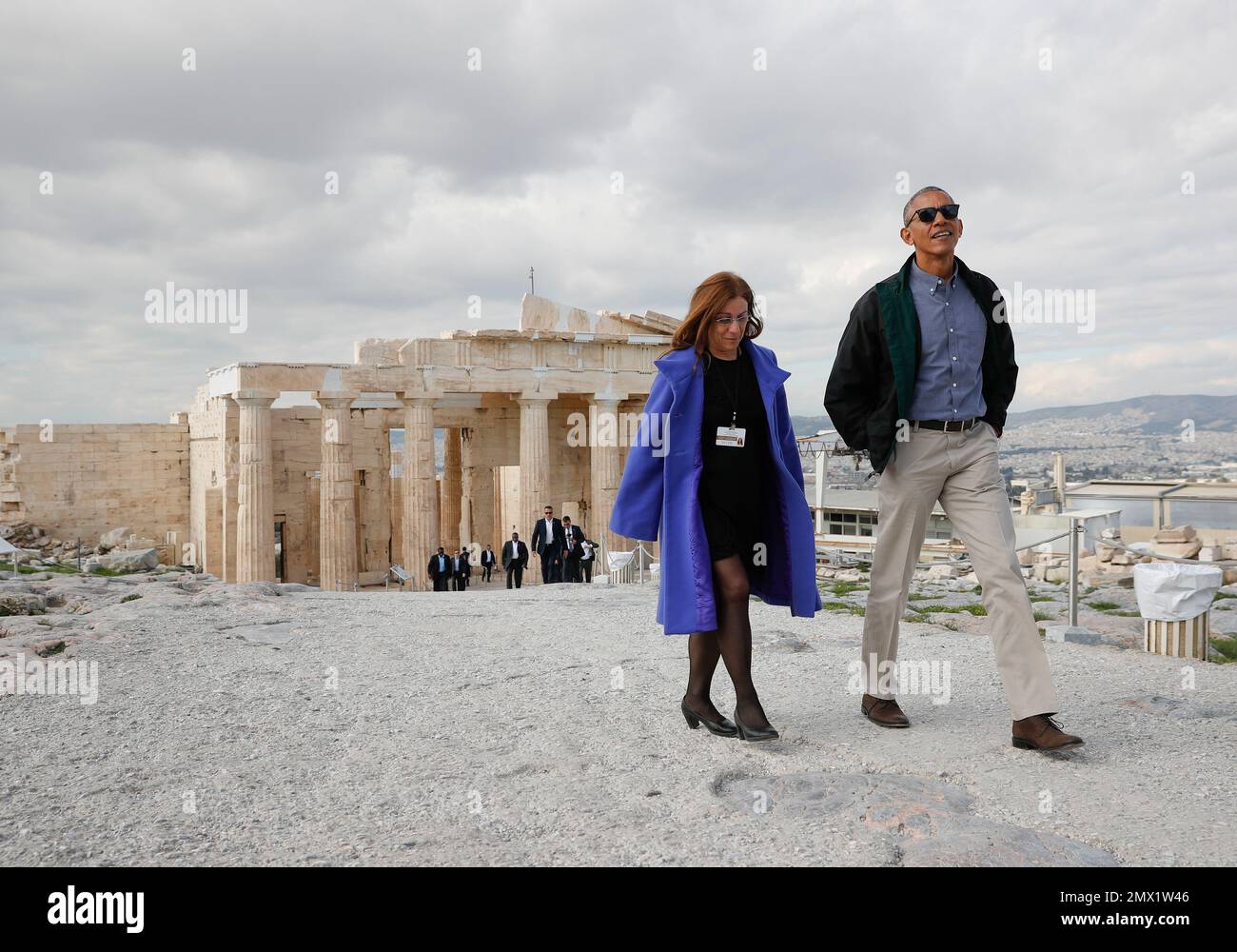 U.S. President Barack Obama tours Acropolis with Dr. Eleni Banou, left ...