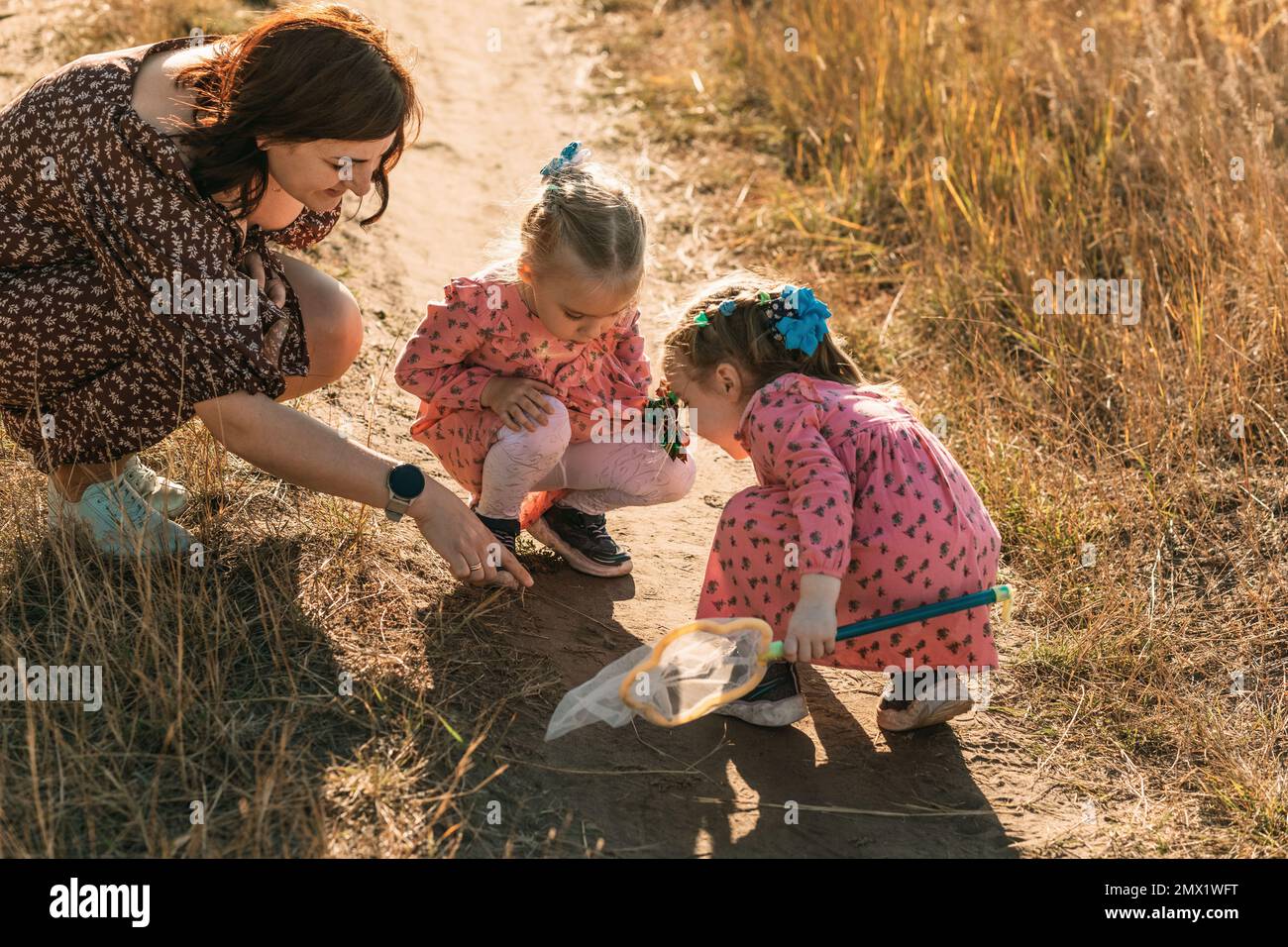 Mom and twin girls catch insects in outdoors with net and study nature ...
