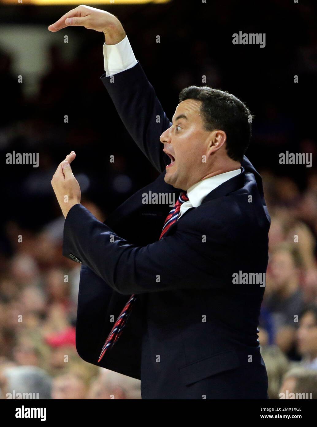 Arizona head coach Sean MIller reacts to a play during the first half ...