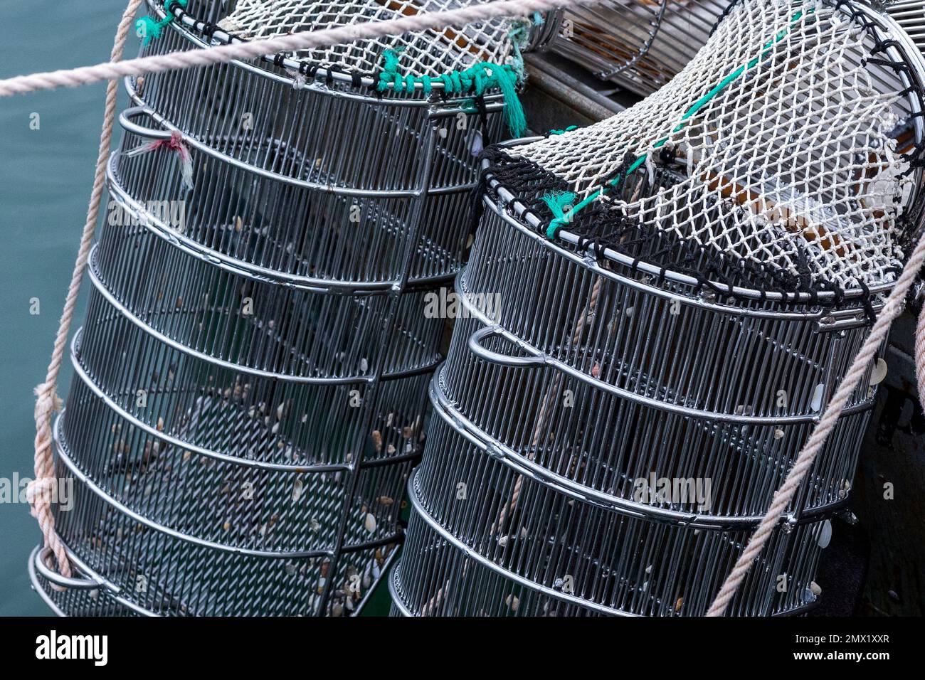 Close up view of crab and lobster baskets used by fisherman on their ...