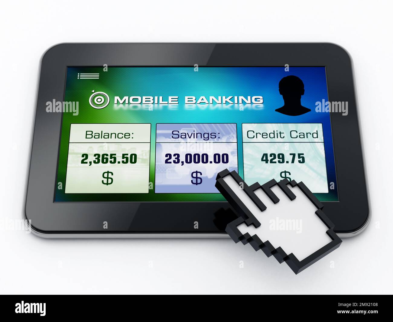 Mobile banking interface screen on tablet computer and hand cursor. 3D ...