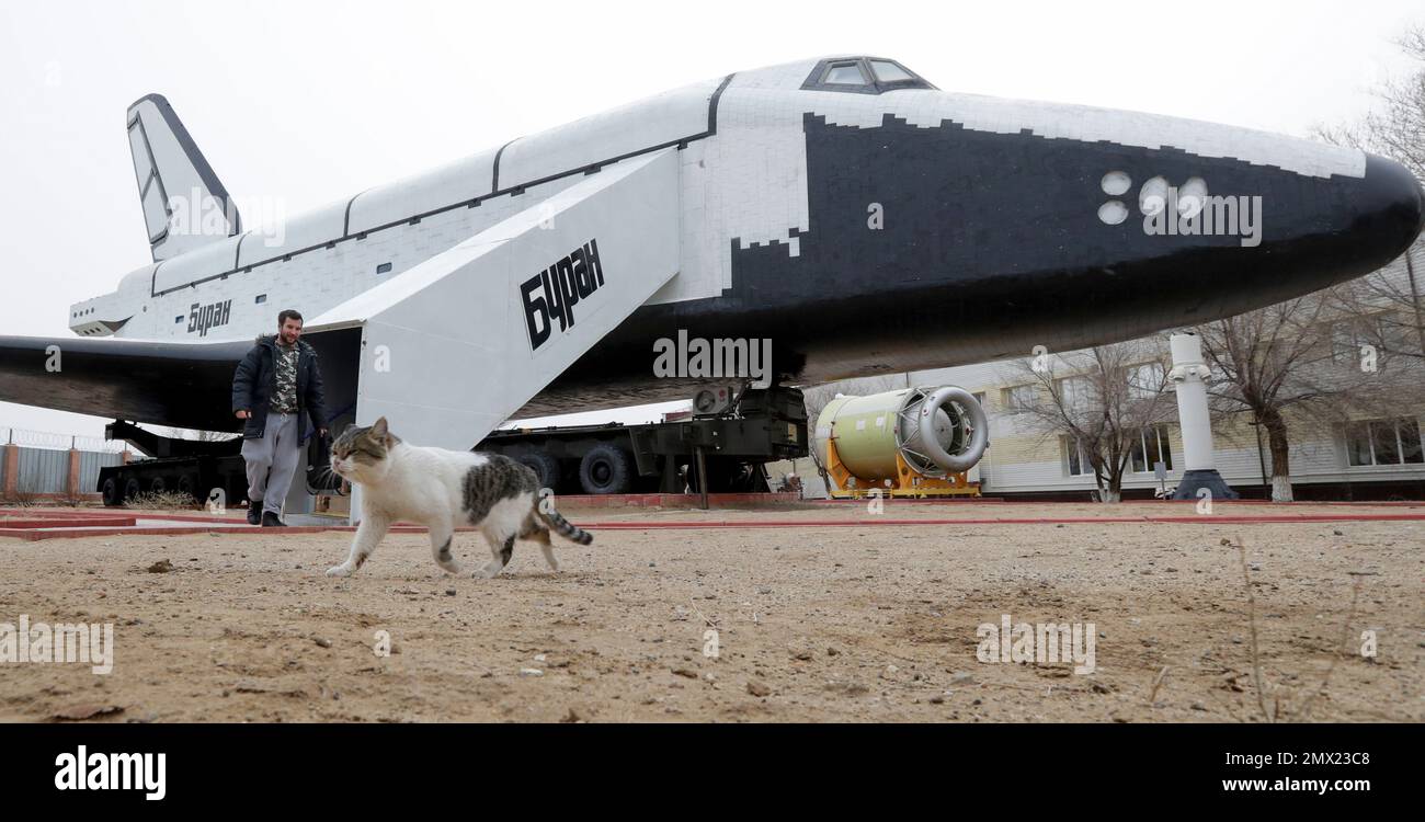 A man exits from the Soviet era space shuttles Buran installed at a ...