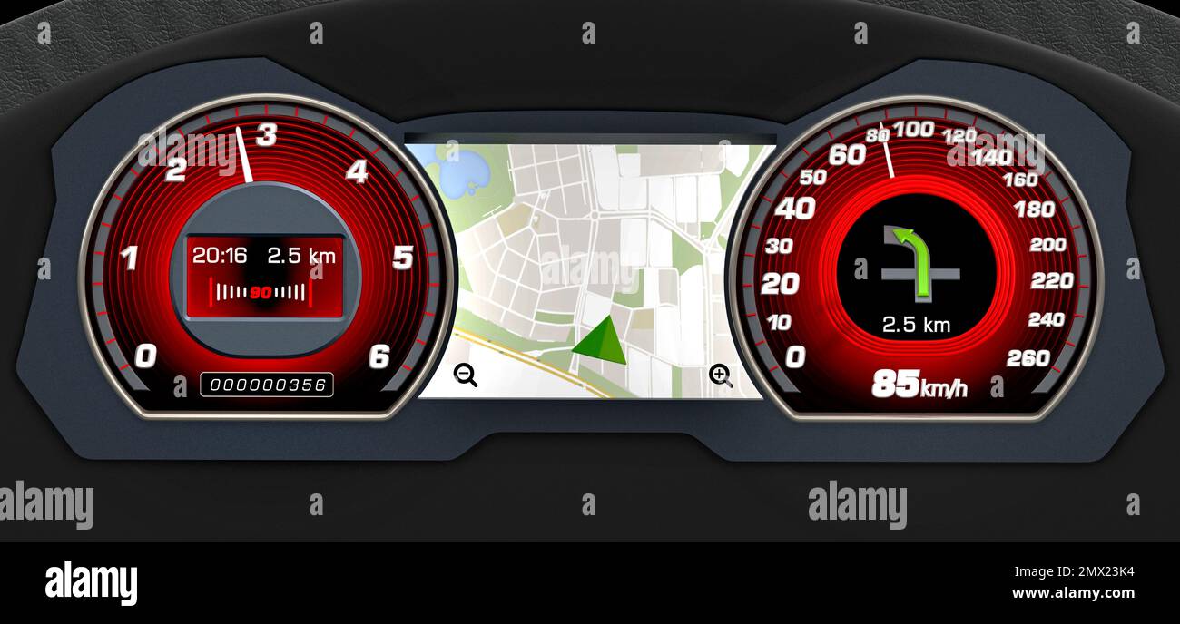 Modern speedometer of a car with navigation screen. 3D illustration ...