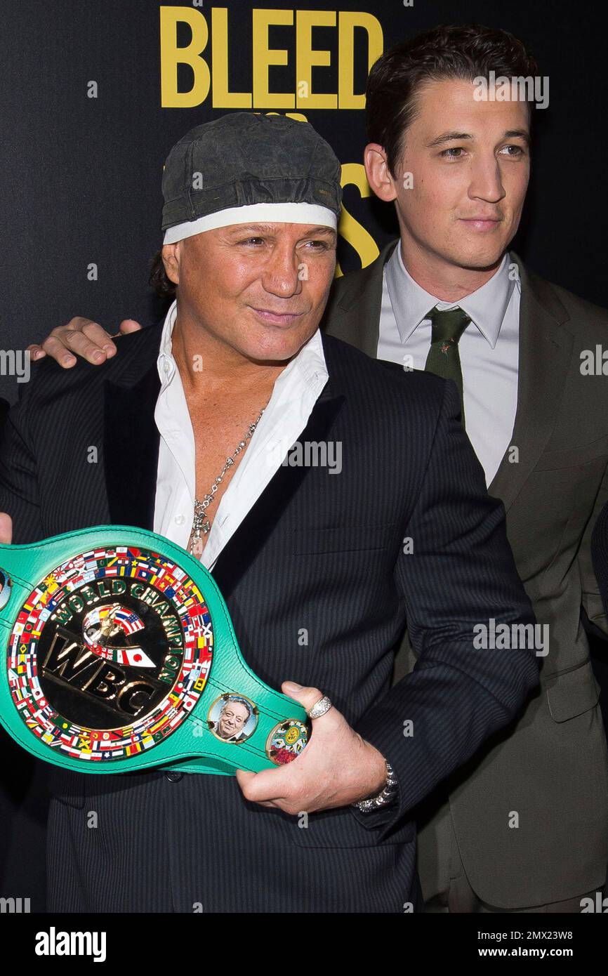 Vinny Paz, left, and Miles Teller attend the premiere of "Bleed For ...