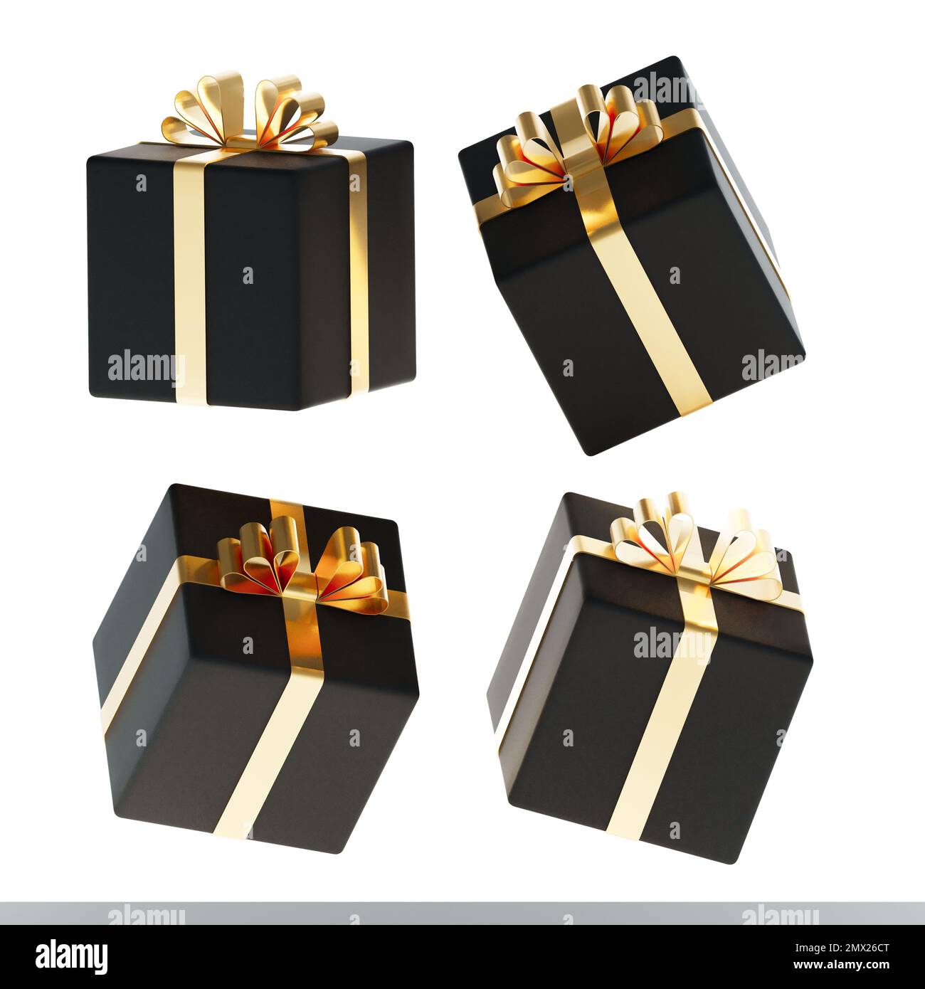 Different views of black gift box with gold ribbon isolated on white ...