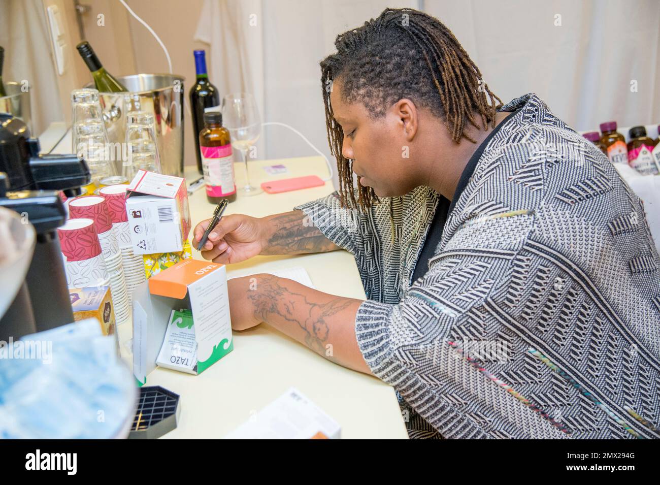 Patrisse Cullors prepares to speak on board the Norwegian Escape during ...