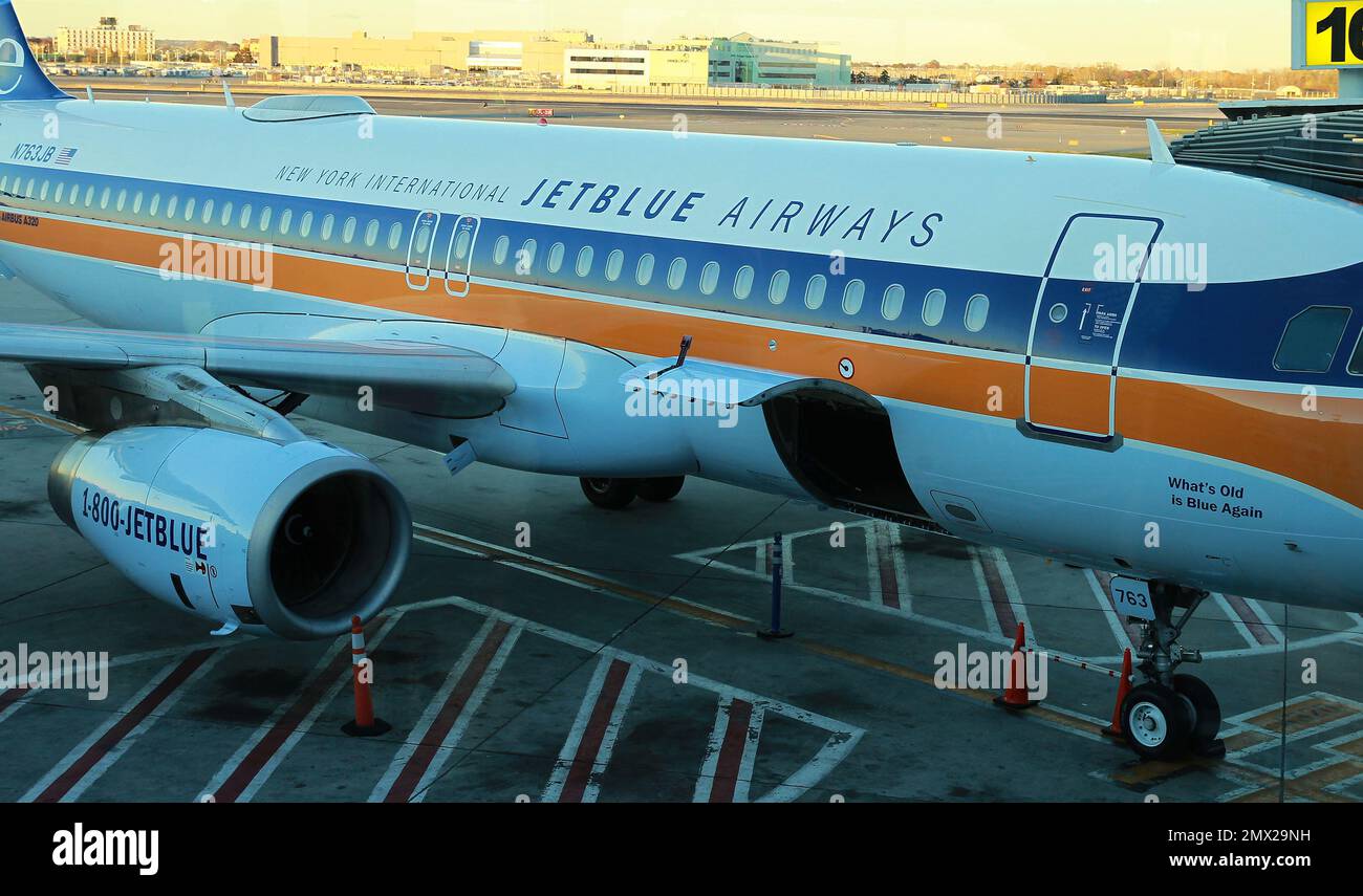 A retro design airplane is seen at the JetBlue special livery reveal ...