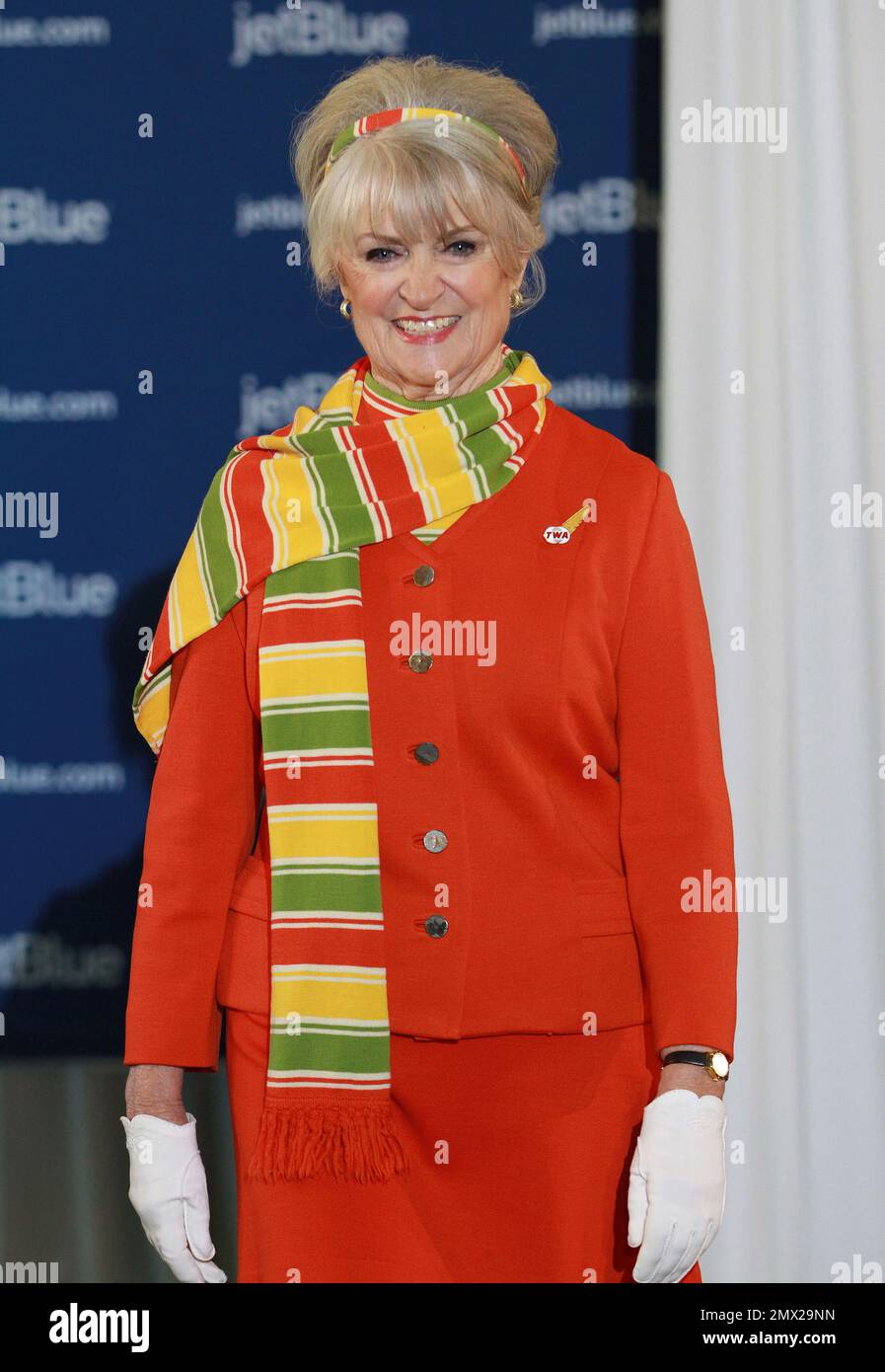 A model wearing TWA classic uniform walks the runway during the JetBlue ...