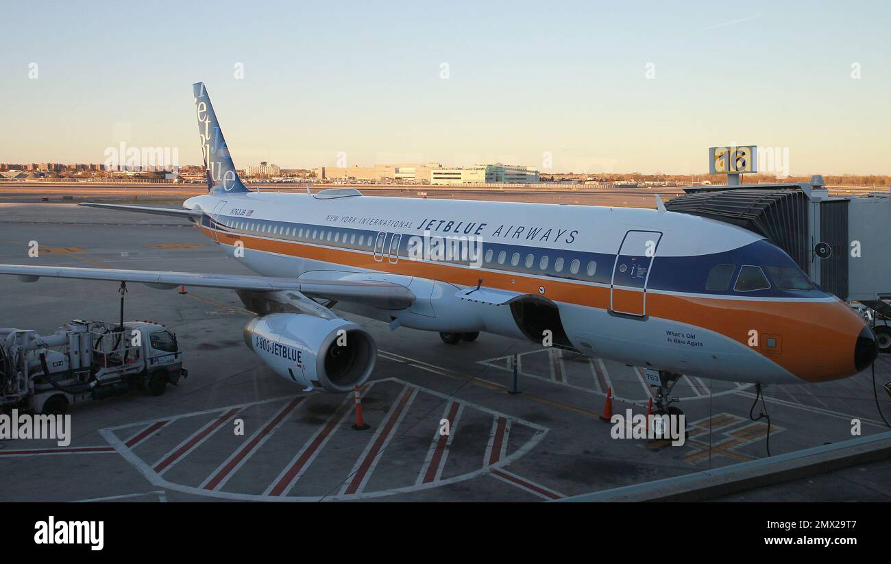 A retro design airplane is seen at the JetBlue special livery reveal ...