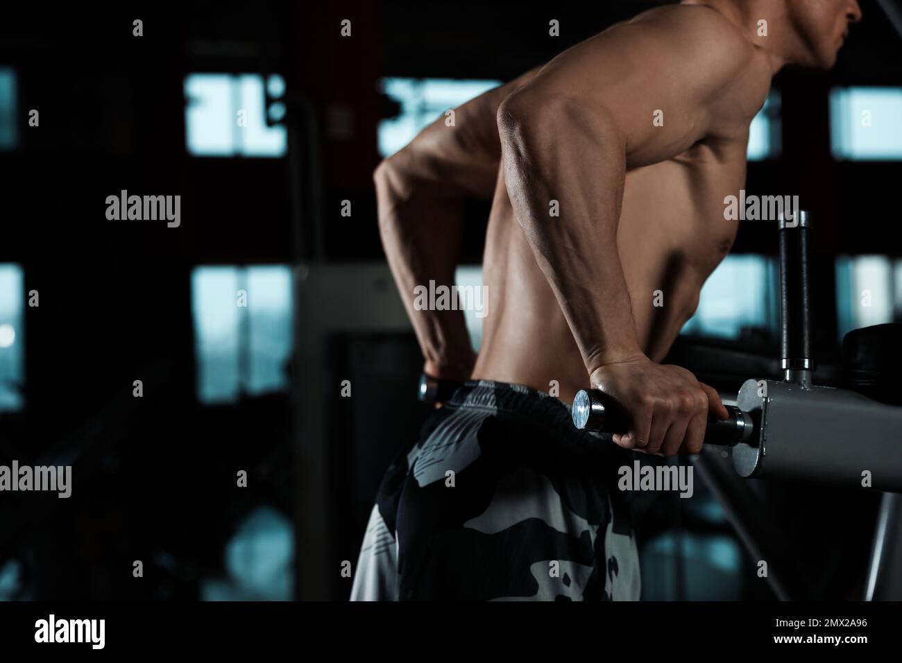 Strong man working out on parallel bars in modern gym, closeup Stock ...