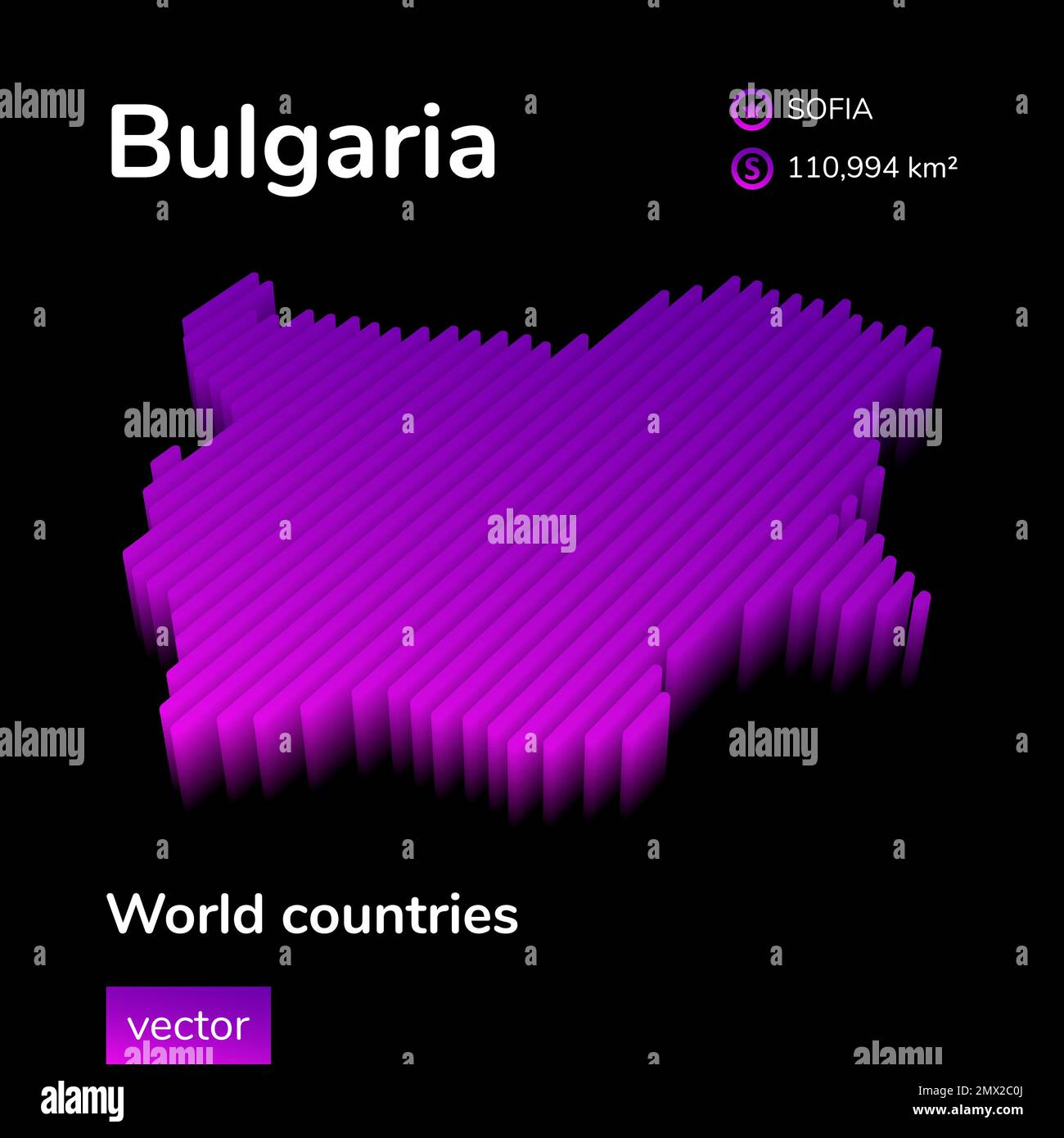 Bulgaria 3D map. Stylized neon digital isometric striped vector map in ...