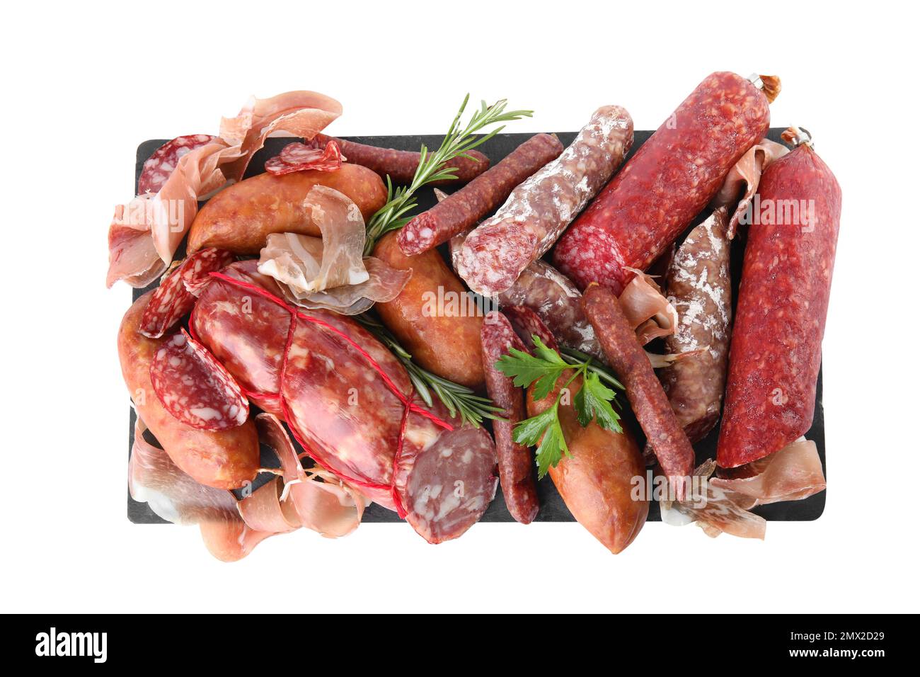 Different types of sausages on white background, top view Stock Photo ...